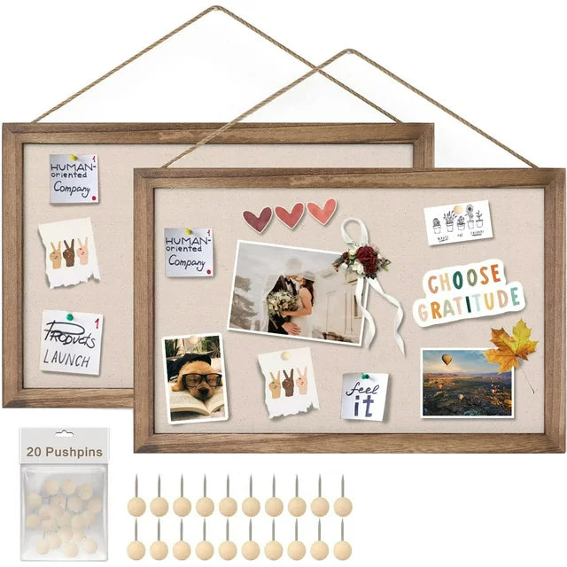 2 mounted linen wall bulletin boards, 16-inch x 11-inch framed cork bo ...